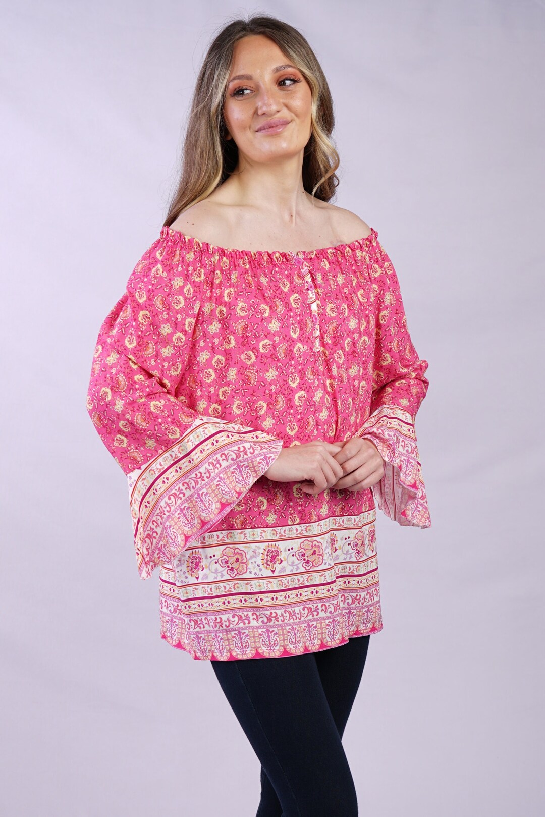 Casual Trudy Gypsy Style Top With Floral Bell Sleeves in Rose Pink - Etsy