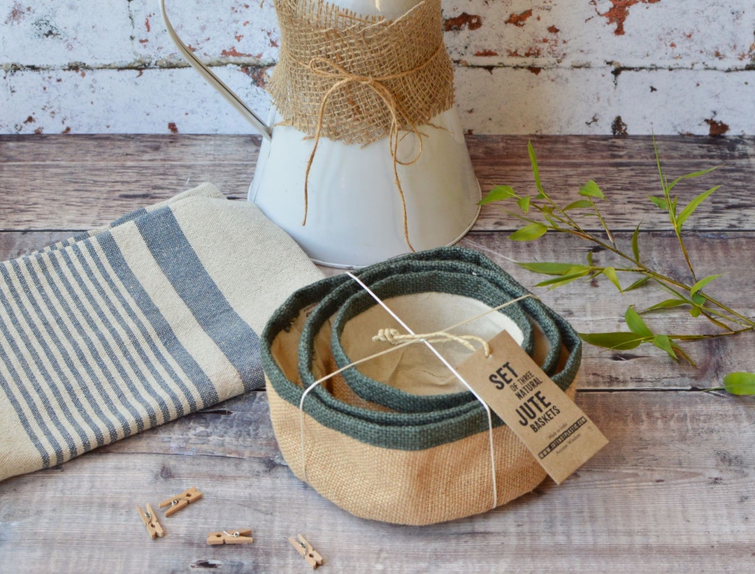 CLEARANCE SALE Natural Jute Baskets 3 Storage Pods With Cotton Lining ...