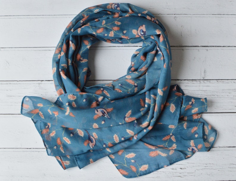 Teal Blue Scarf Jay Bird Print Soft Semi-sheer Wrap With | Etsy UK
