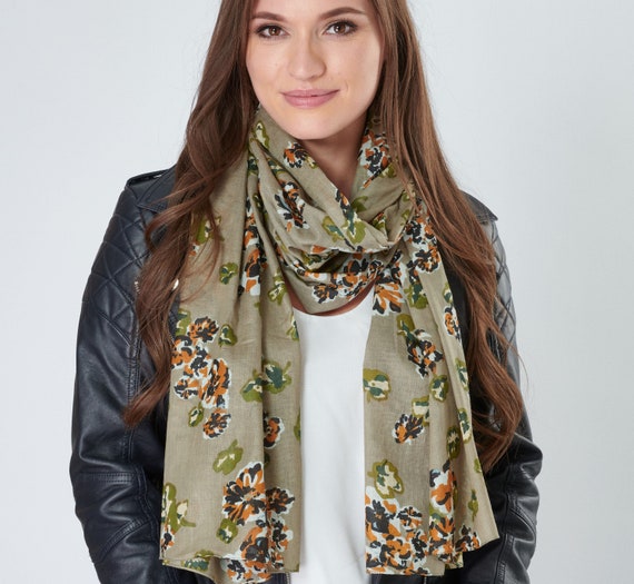 Organic Cotton Scarf Women's Khaki Green Floral Wrap | Etsy