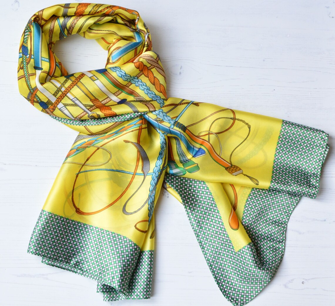 Large Silk Blend Yellow Silky Scarf with Equestrian Tackle | Etsy