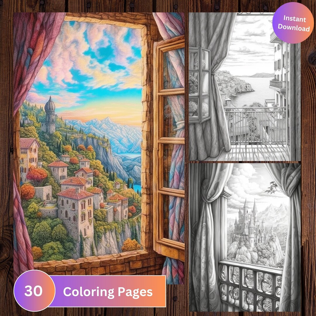 Window to Fantasy World Grayscale Coloring Pages, Featuring Fantasy Art ...
