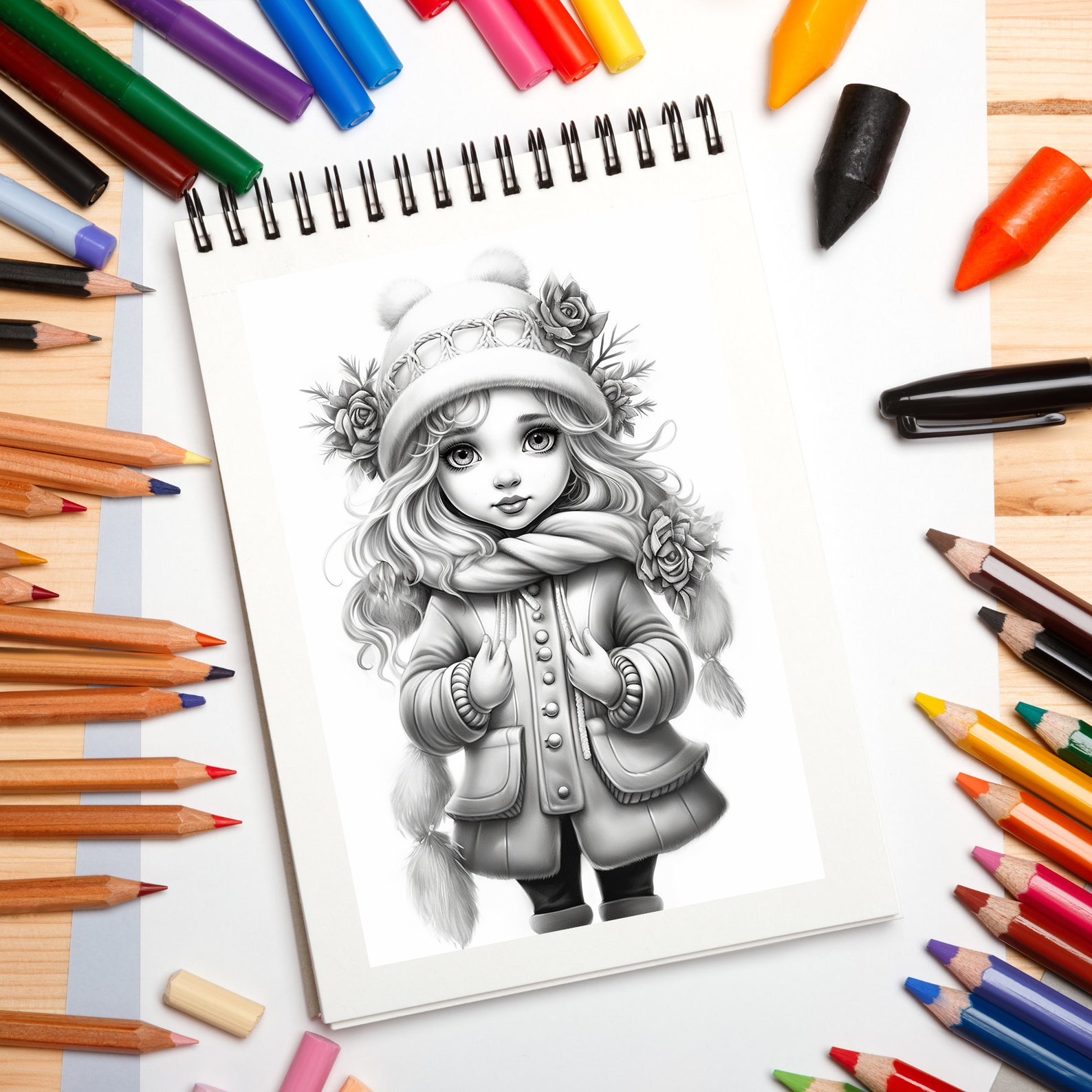 Winter Grayscale Coloring Pages Little Princess Girls - Etsy