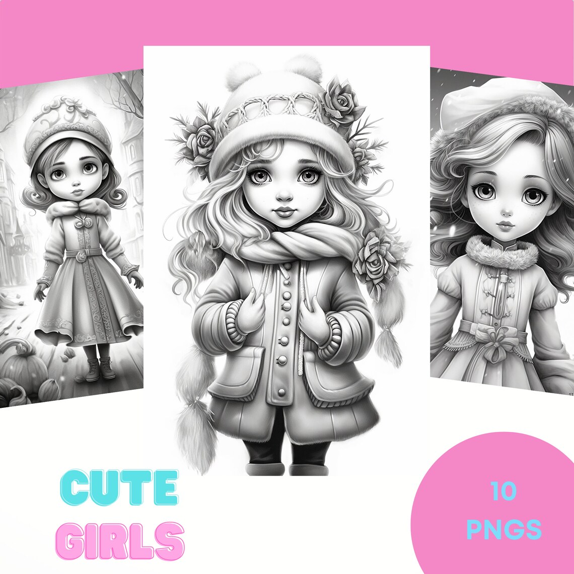 Winter Grayscale Coloring Pages Little Princess Girls - Etsy