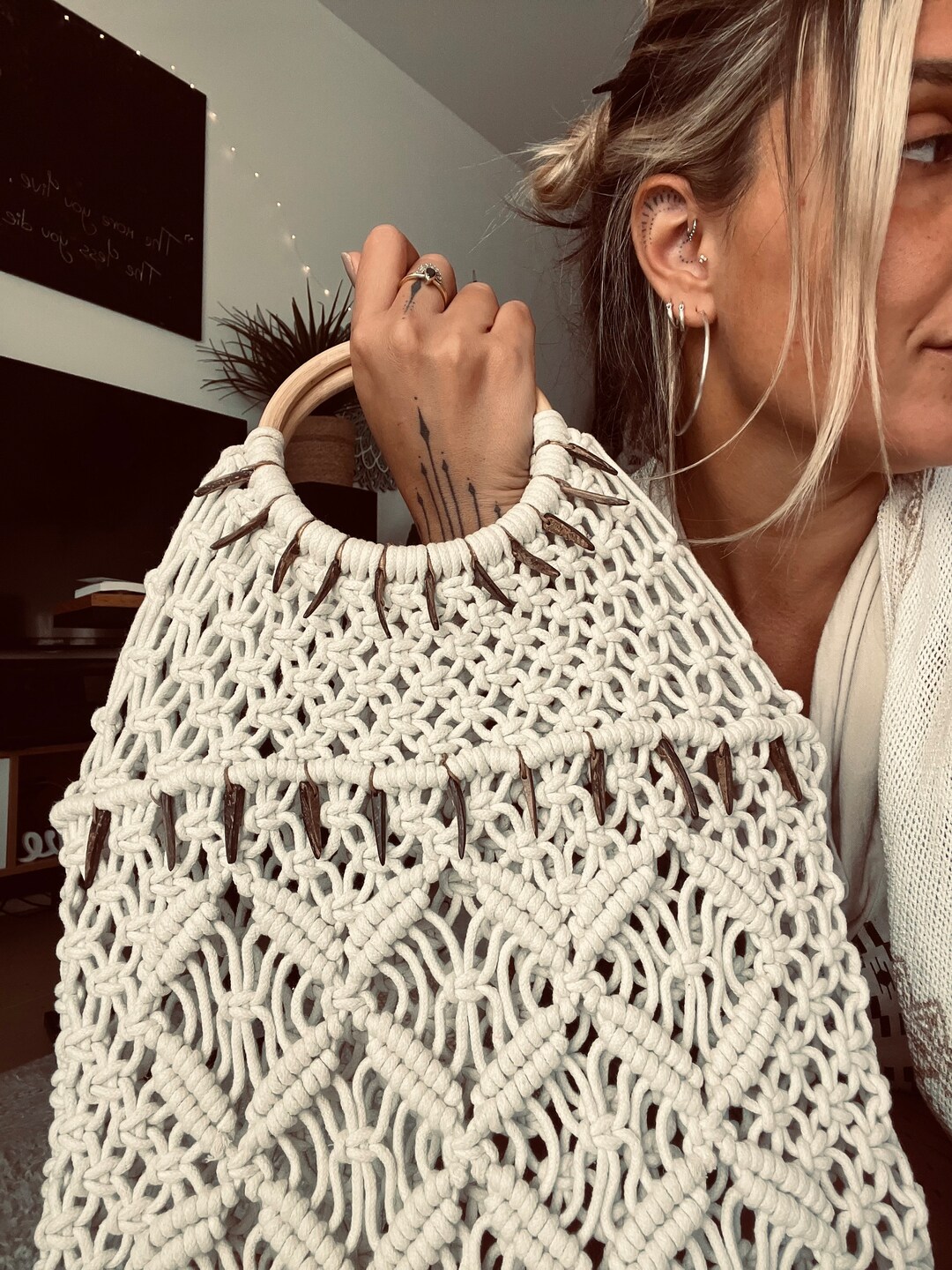 Bohemian White Macrame Bag With Wooden Pieces, Macrame Bag, Woven Bag, Macrame Clutch, Macrame ...