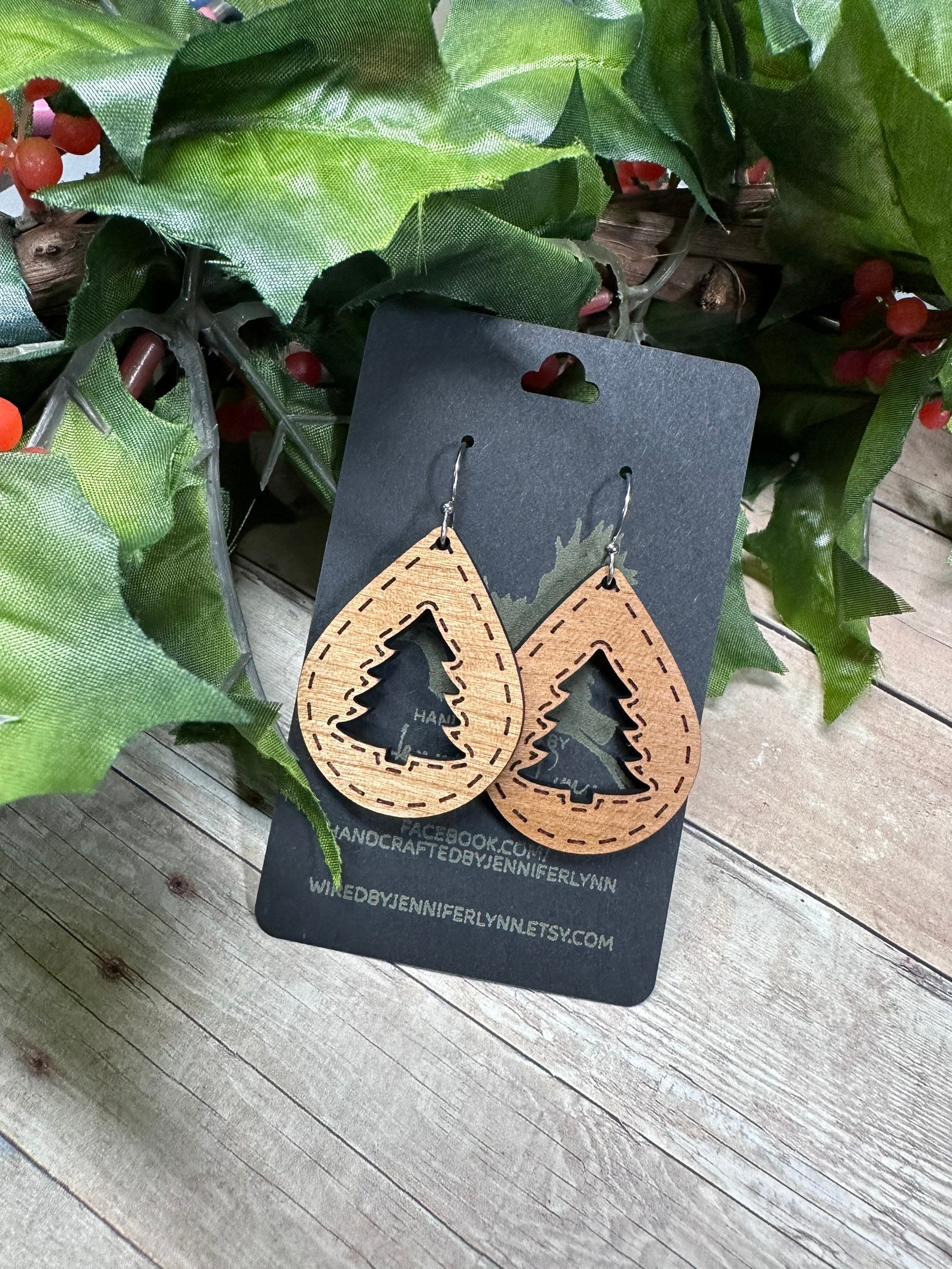Christmas Tree Tear Drop Earrings - Faux Stitching Laser Cut Out Wood ...