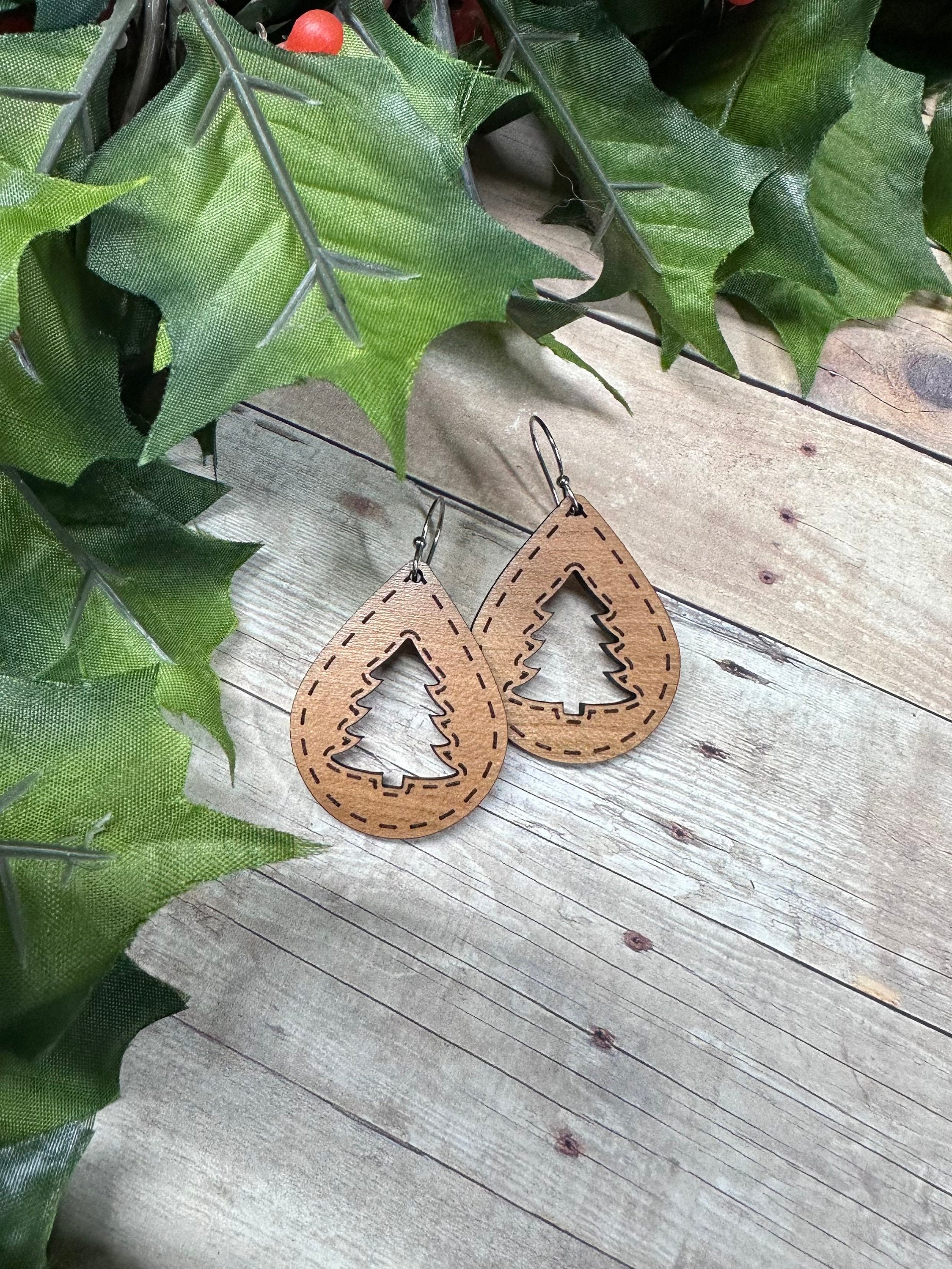 Christmas Tree Tear Drop Earrings - Faux Stitching Laser Cut Out Wood ...