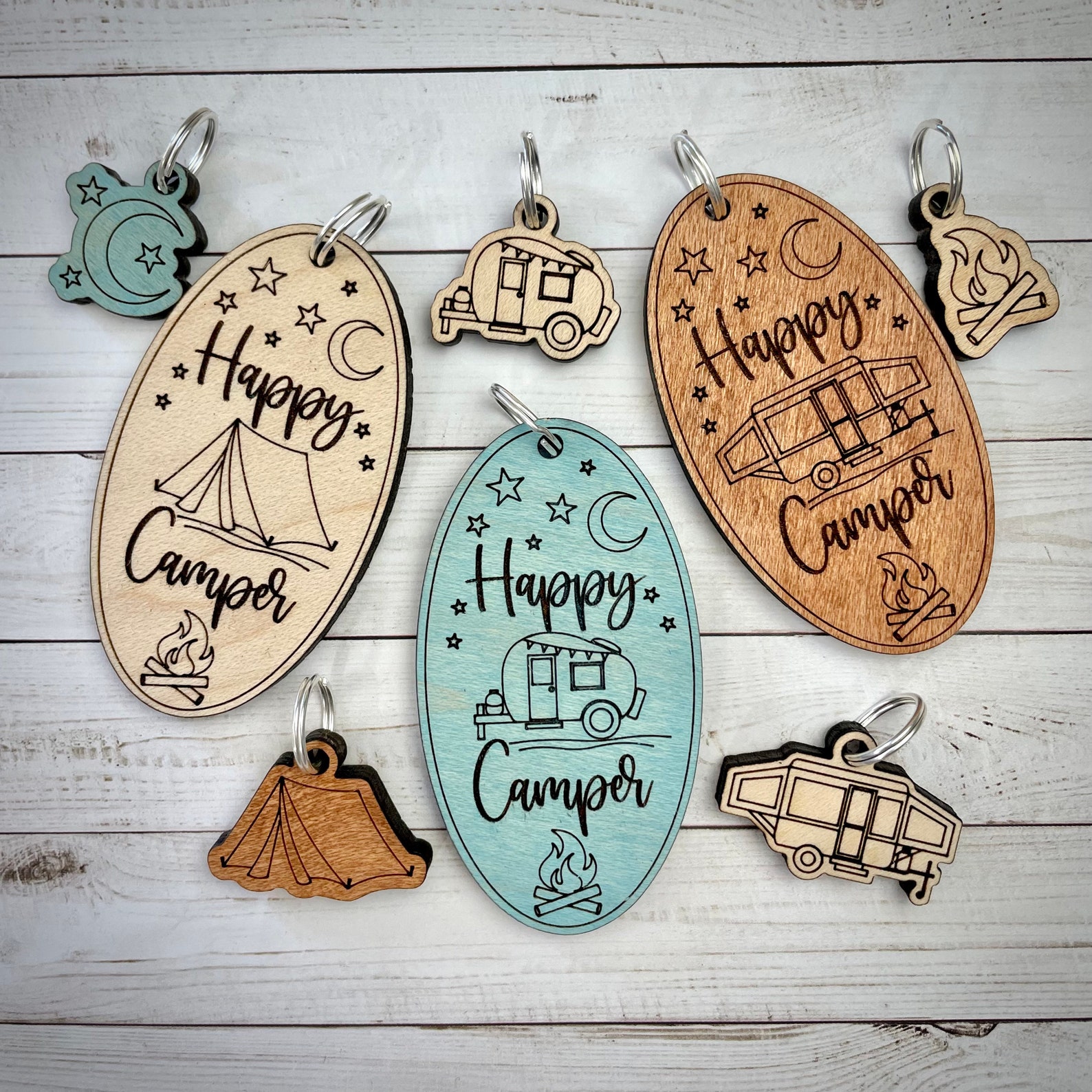 HAPPY CAMPER Keychain With Charm, 5 Charm Options, Camping Camper Tent ...