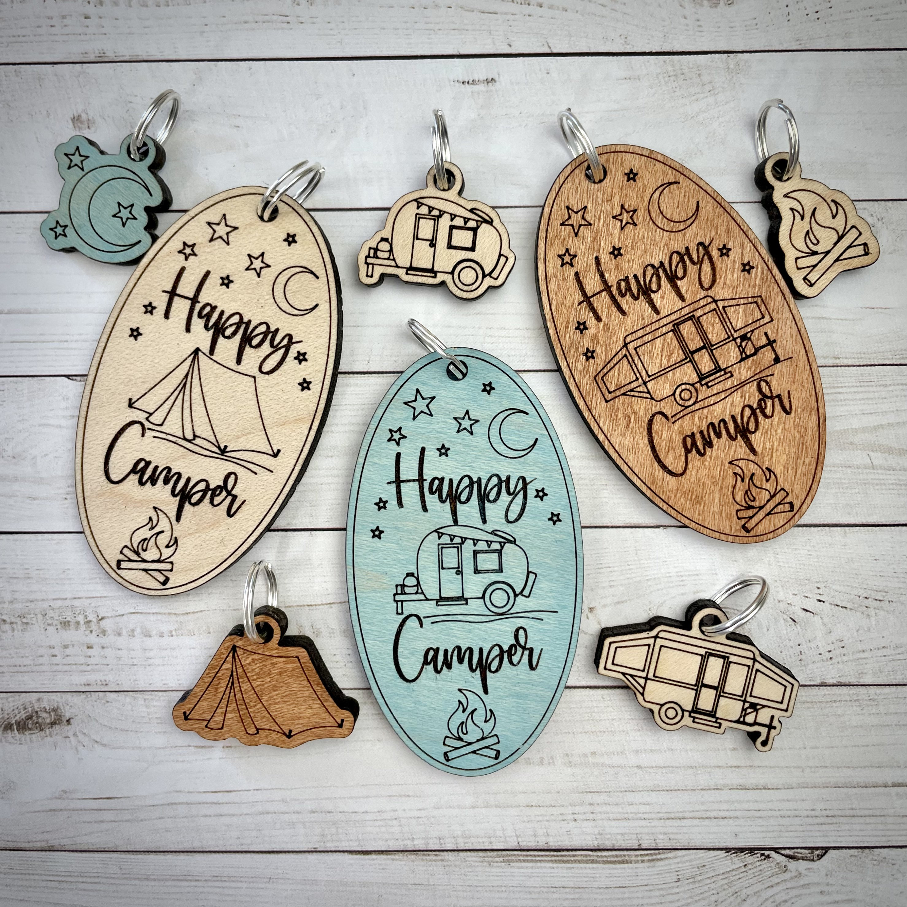 HAPPY CAMPER Keychain With Charm, 5 Charm Options, Camping Camper Tent ...