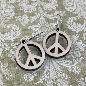 Peace Sign Earrings, Laser Cut and Engraved Wood, Lightweight Dangle ...