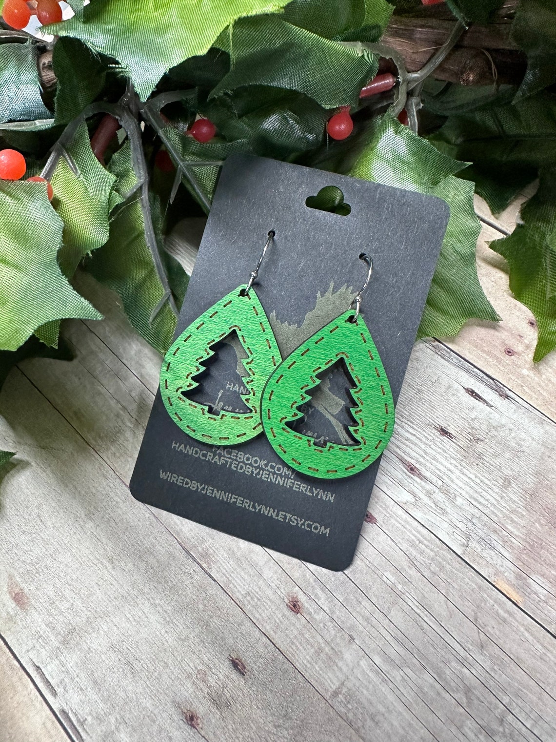 Christmas Tree Tear Drop Earrings - Faux Stitching Laser Cut Out Wood ...