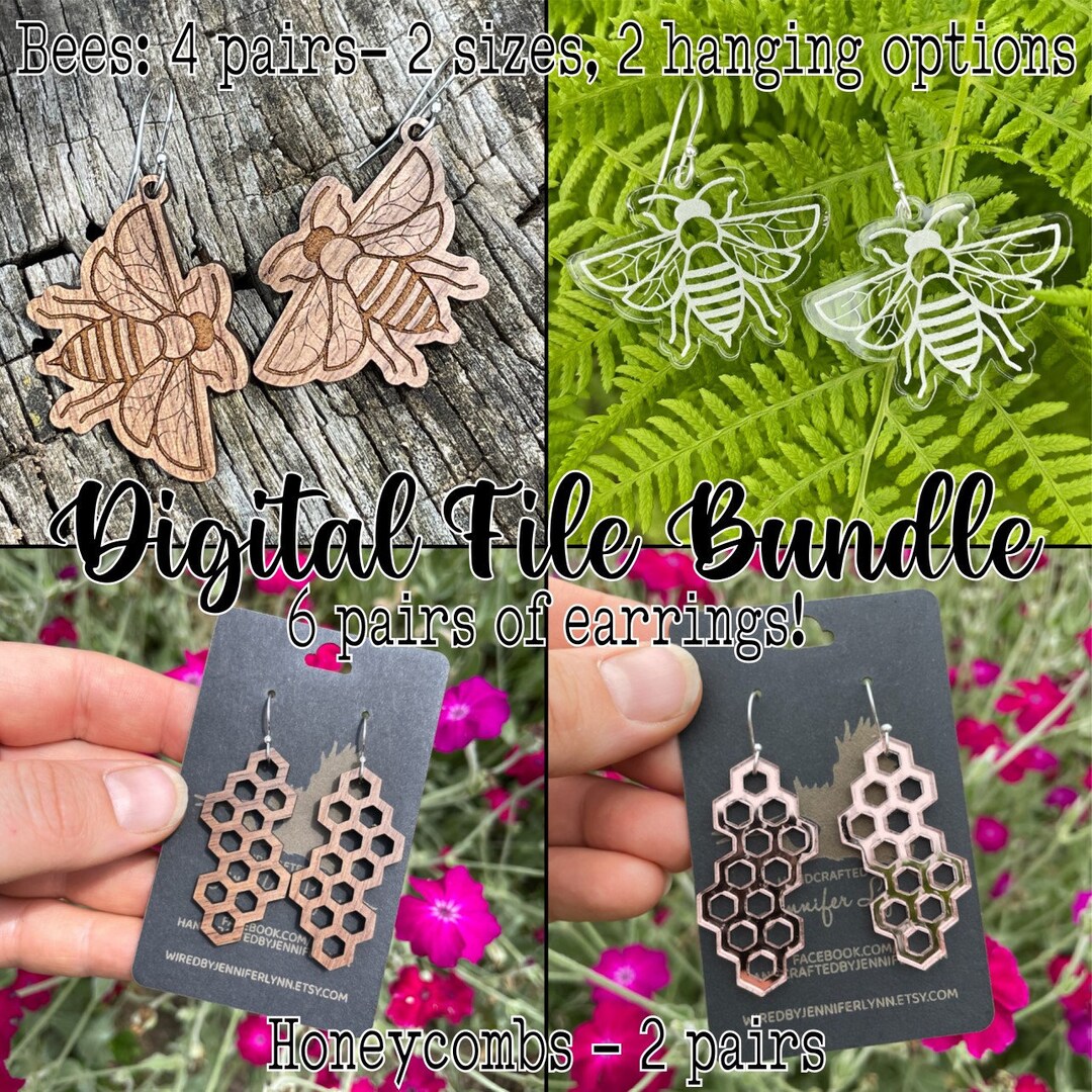 Bees and Honeycomb Cut File Bundle - Svg Dxf Pdf 6 Pairs Dangle ...