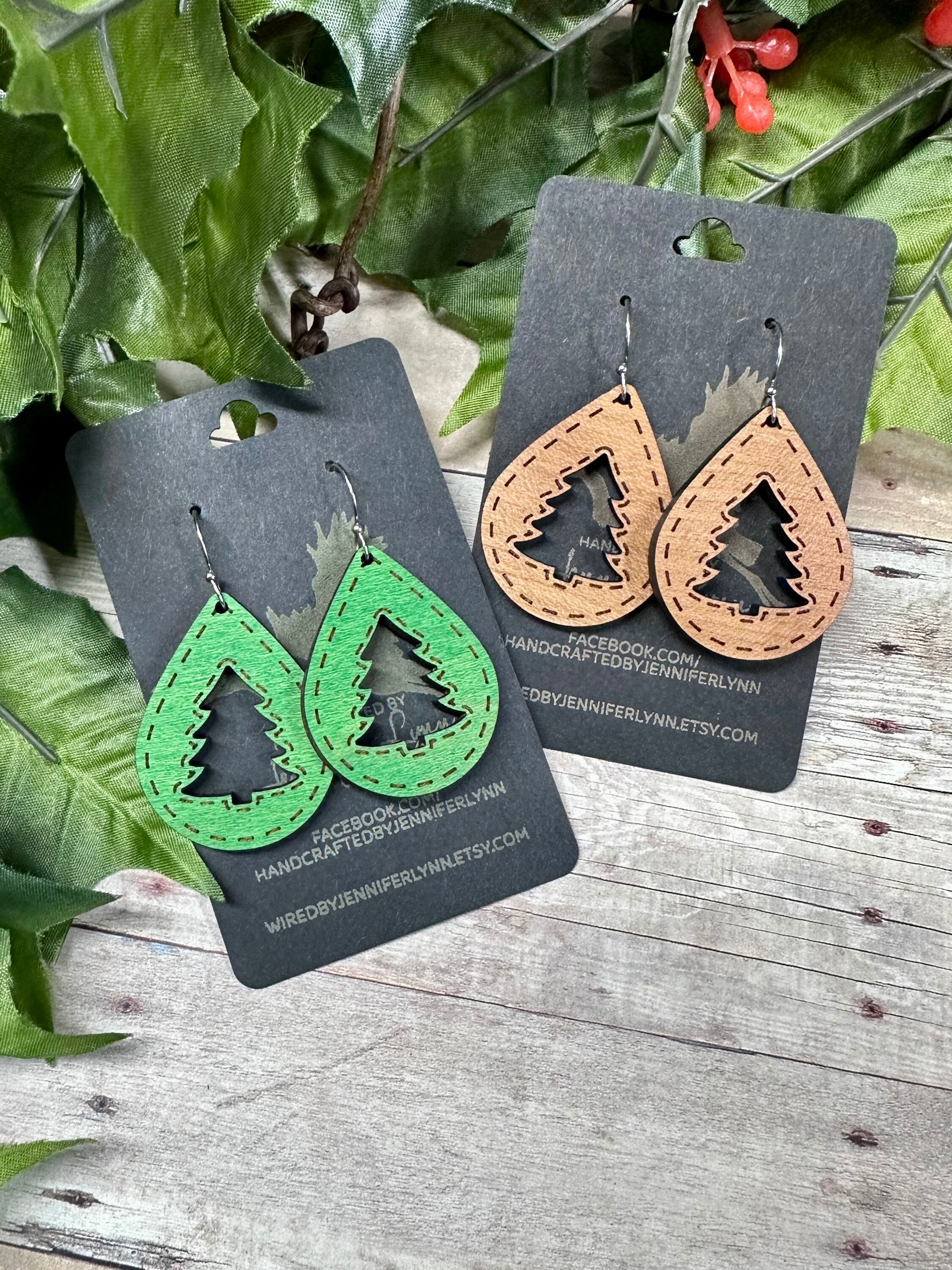 Christmas Tree Tear Drop Earrings - Faux Stitching Laser Cut Out Wood ...