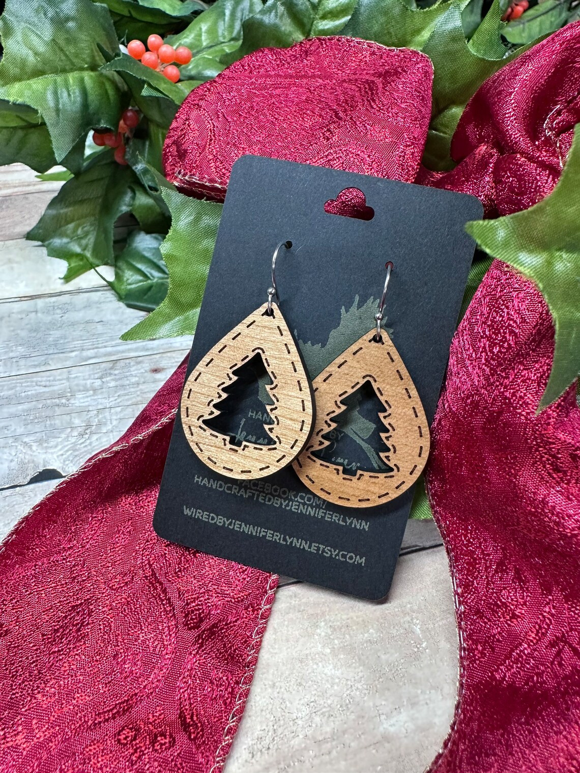 Christmas Tree Tear Drop Earrings - Faux Stitching Laser Cut Out Wood ...