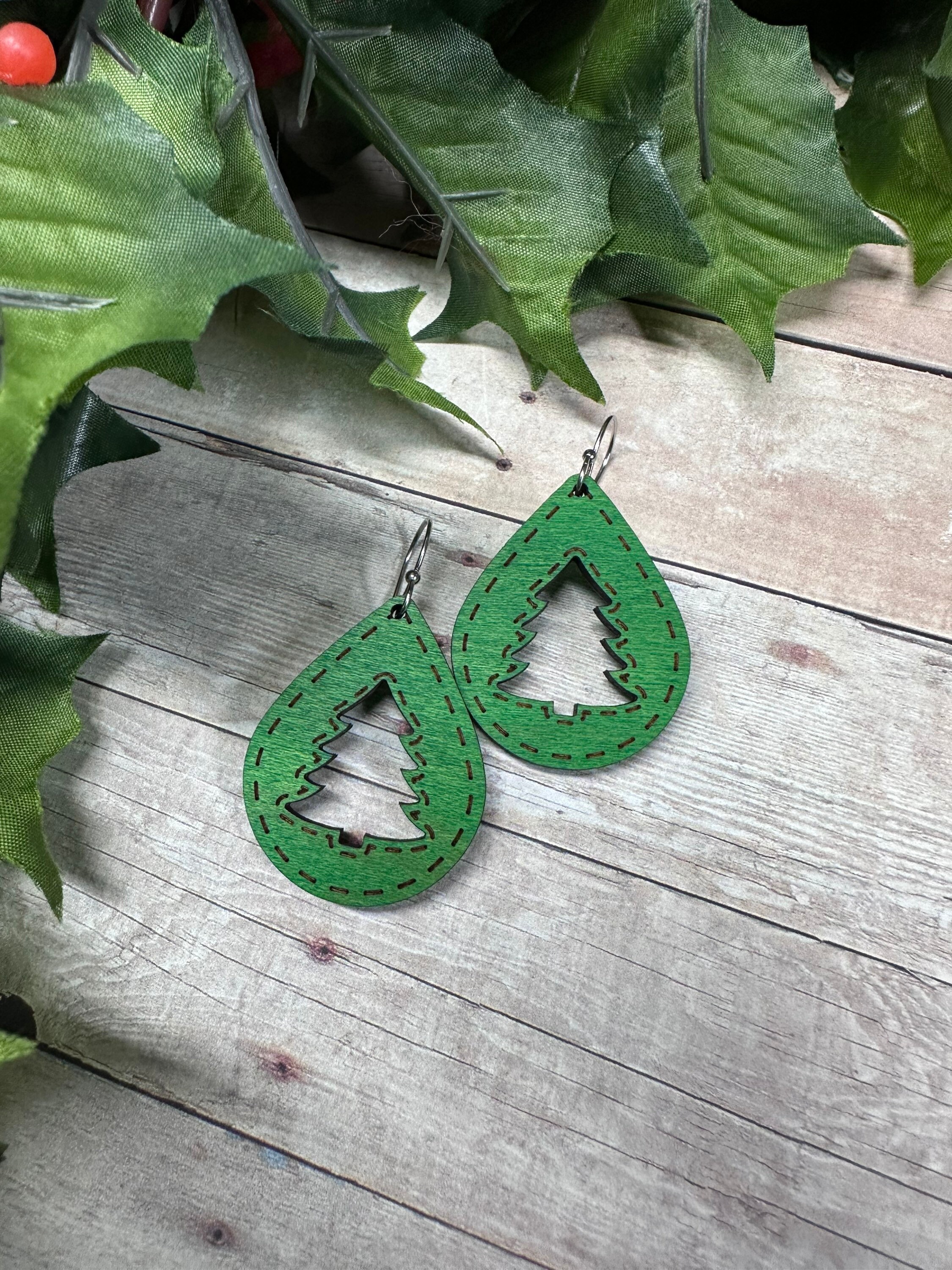Christmas Tree Tear Drop Earrings - Faux Stitching Laser Cut Out Wood ...