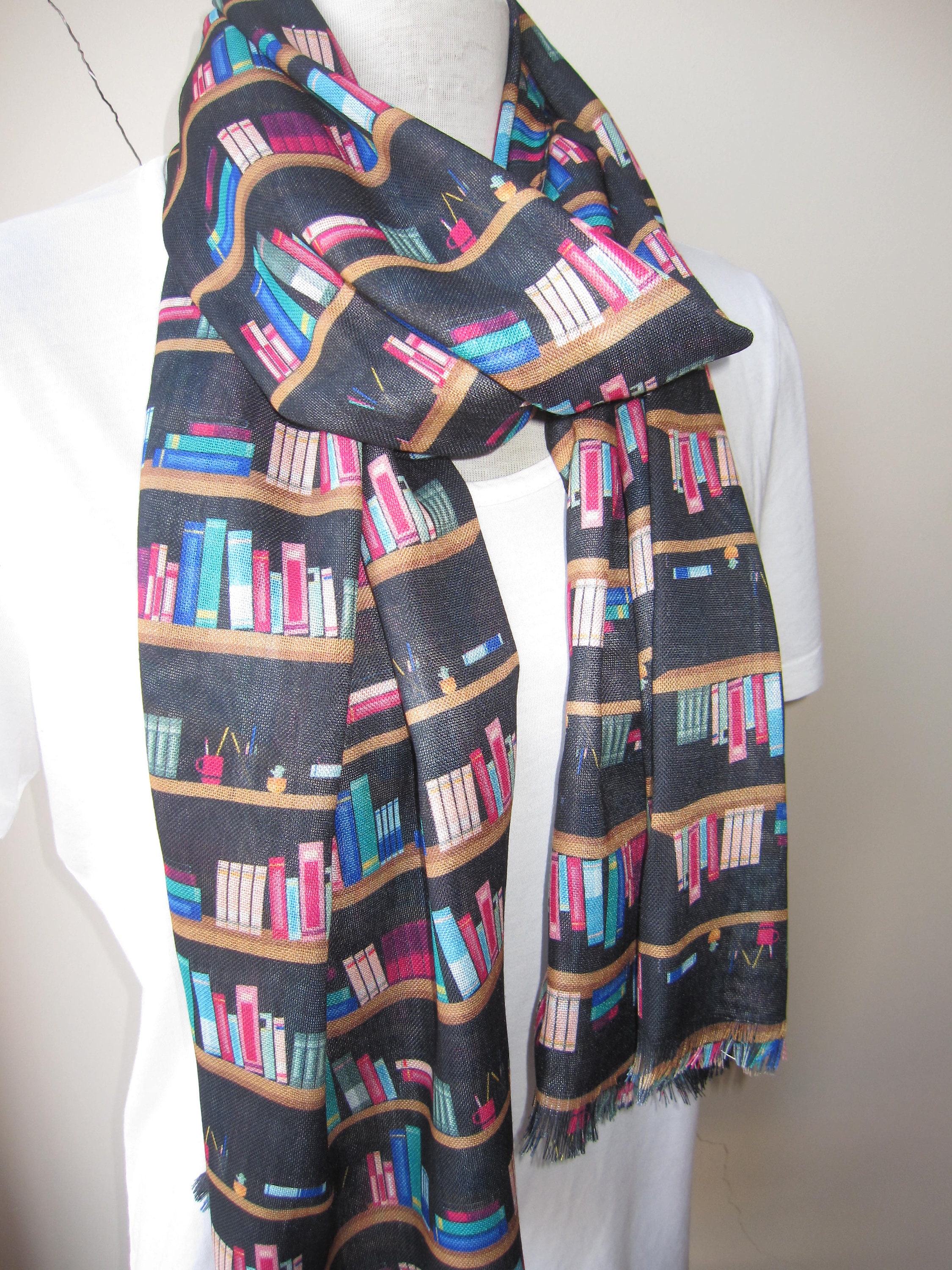 Bookshelf Book Pattern Scarf, Bookworm-geeky-literary-librarian Women's ...