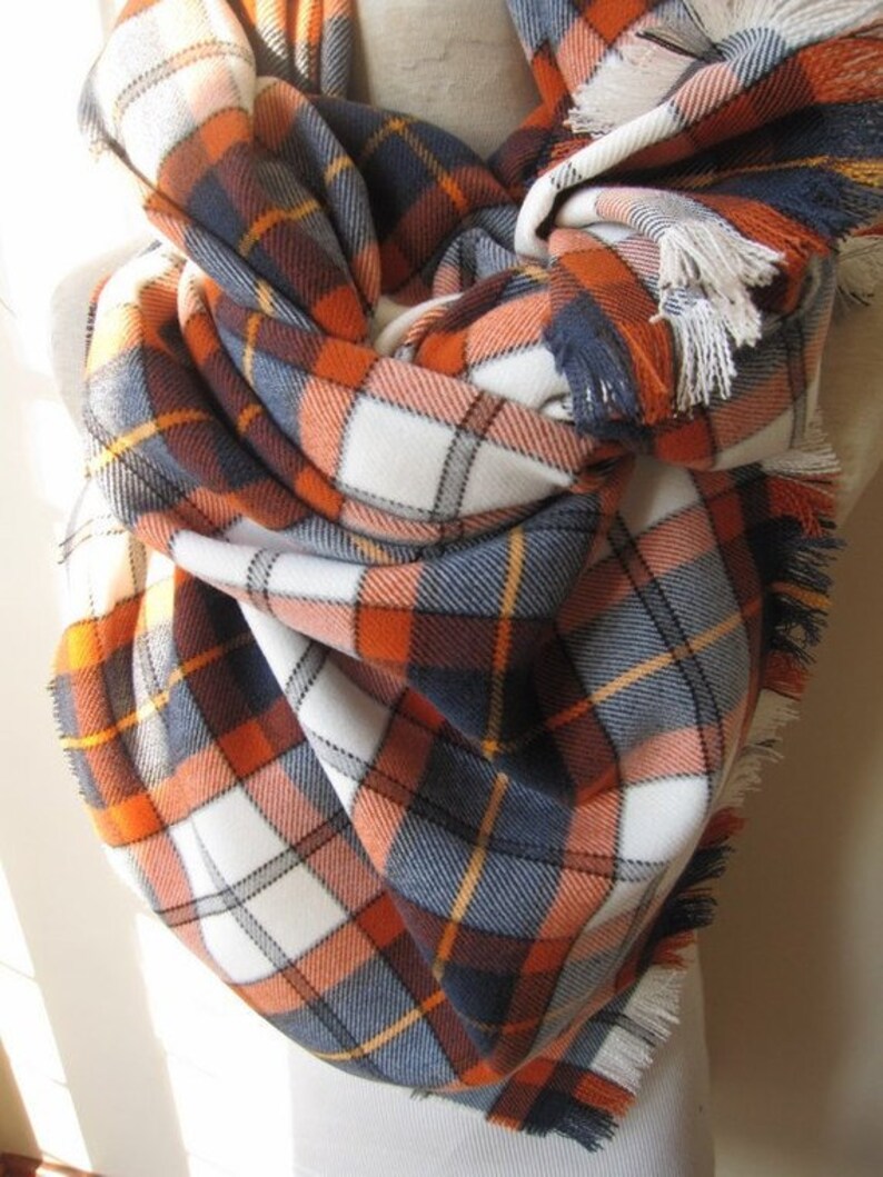 Denver Broncos Scarf - Orange Navy Blue Plaid Flannel Shawl - Etsy