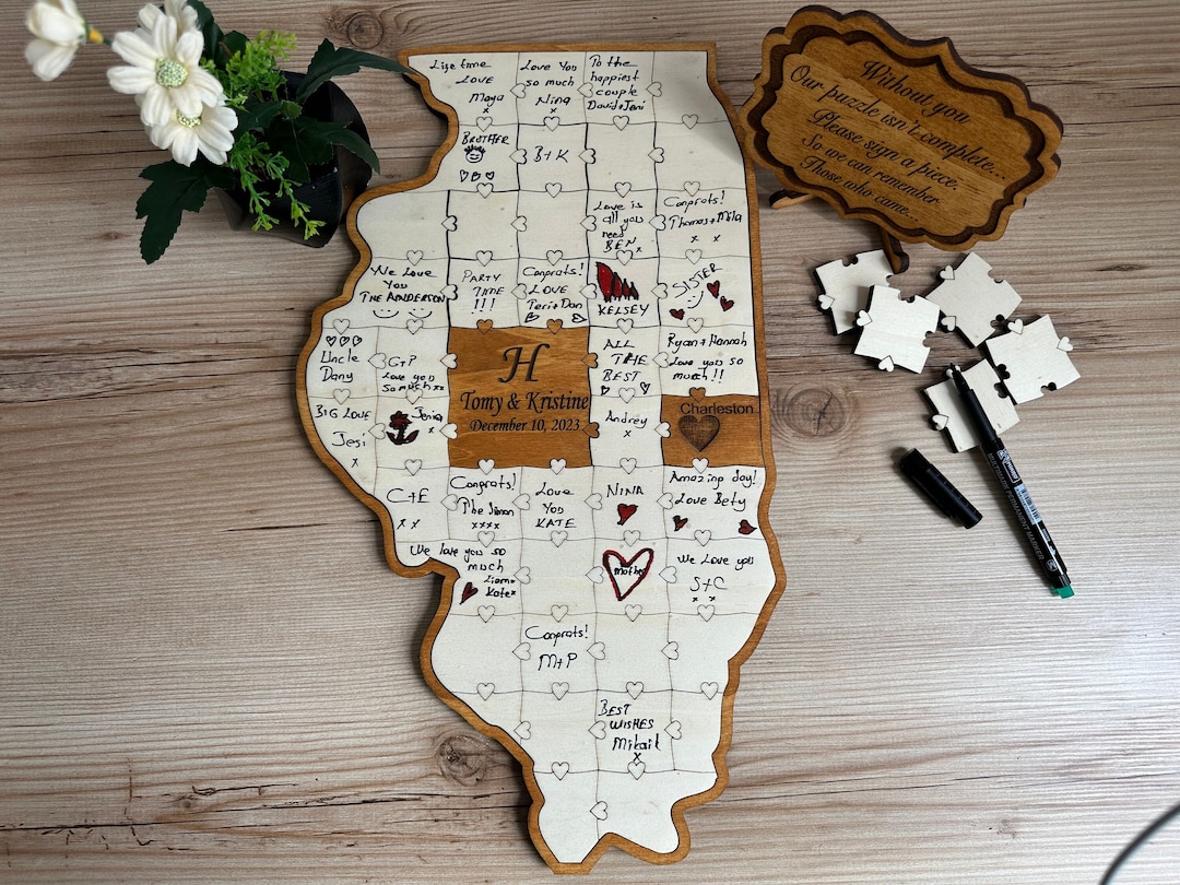 Rustic Wedding Puzzle Guest Book Personalized Map State Wood Decor - Etsy