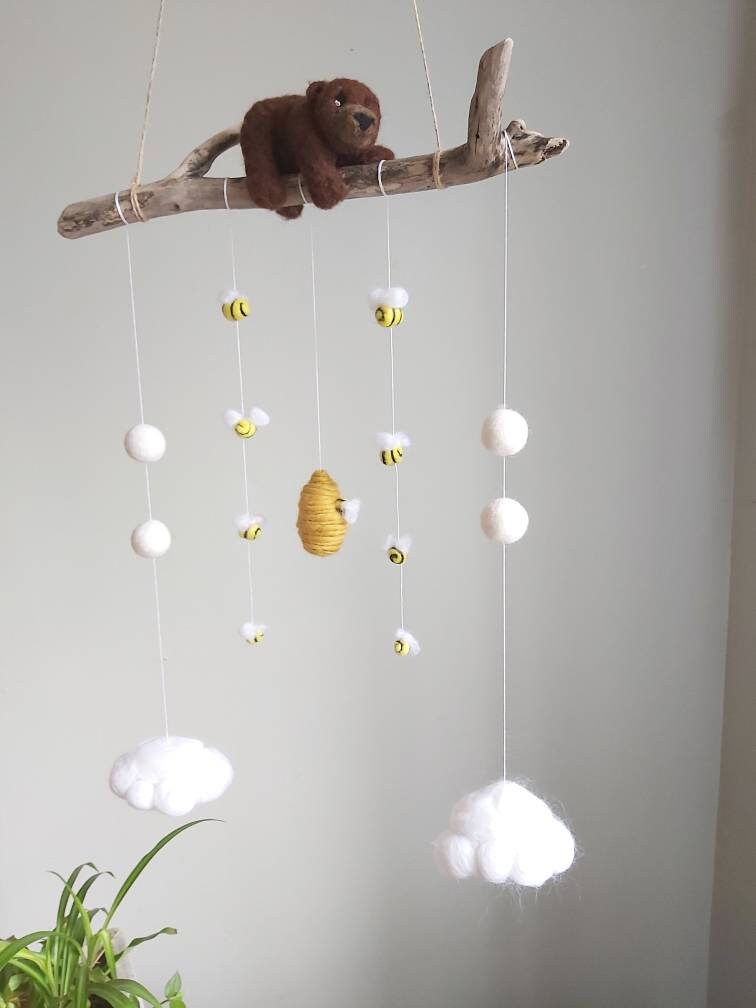 Honey bee and baby bear felt mobile nursery wall art decor | Etsy