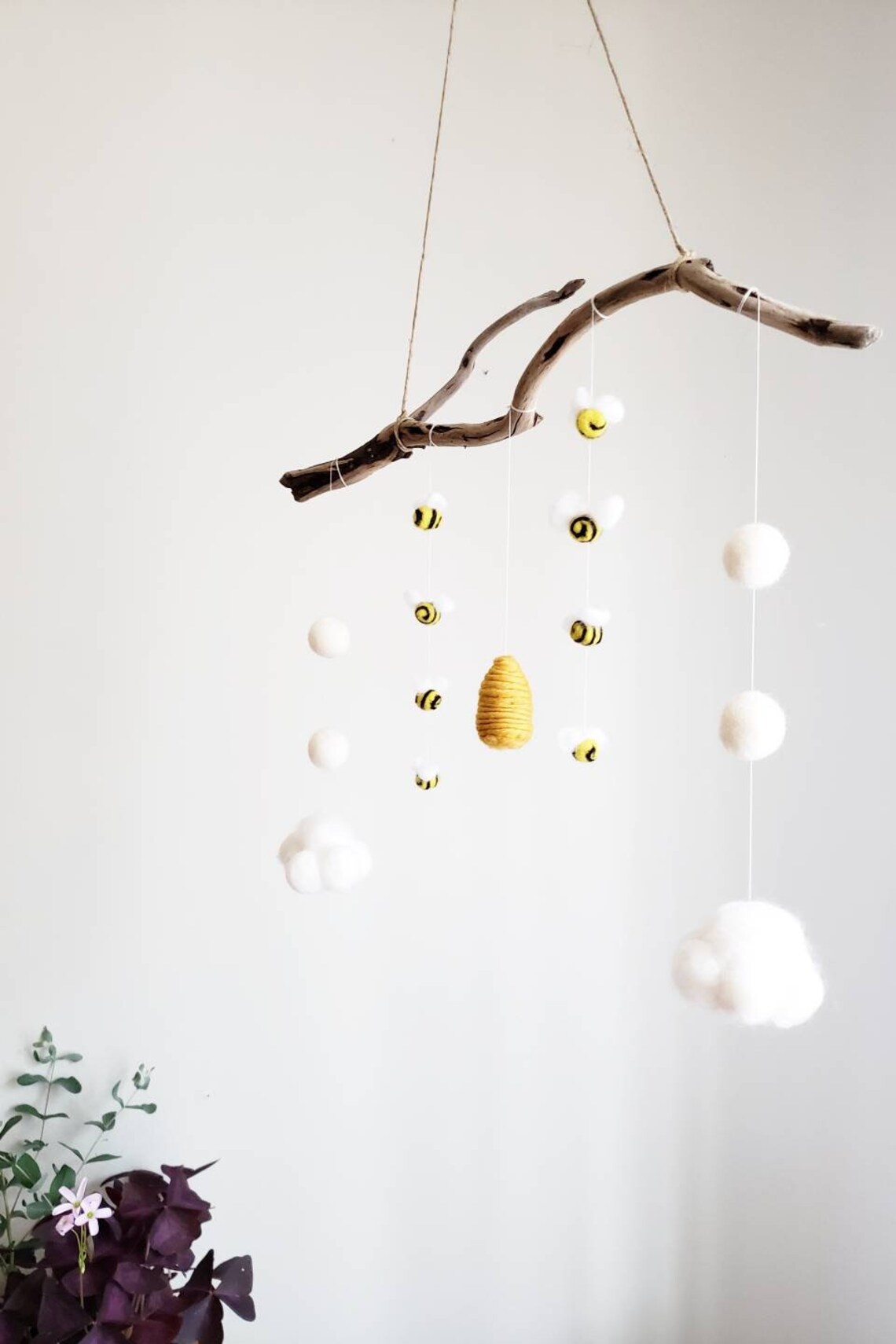 Baby felt honey bee and cloud mobile nursery wall art | Etsy