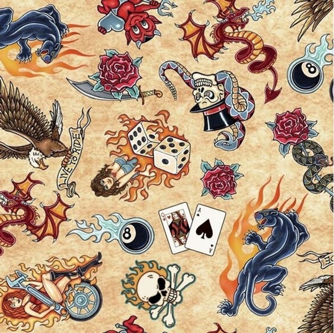 Easy Rider Tattoo Print on Tan Background. Great Print 100% Cotton ...