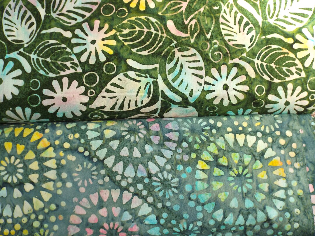 Green With Multi Color Batik Print - 100% Cotton Hand Dyed - by the Fat ...