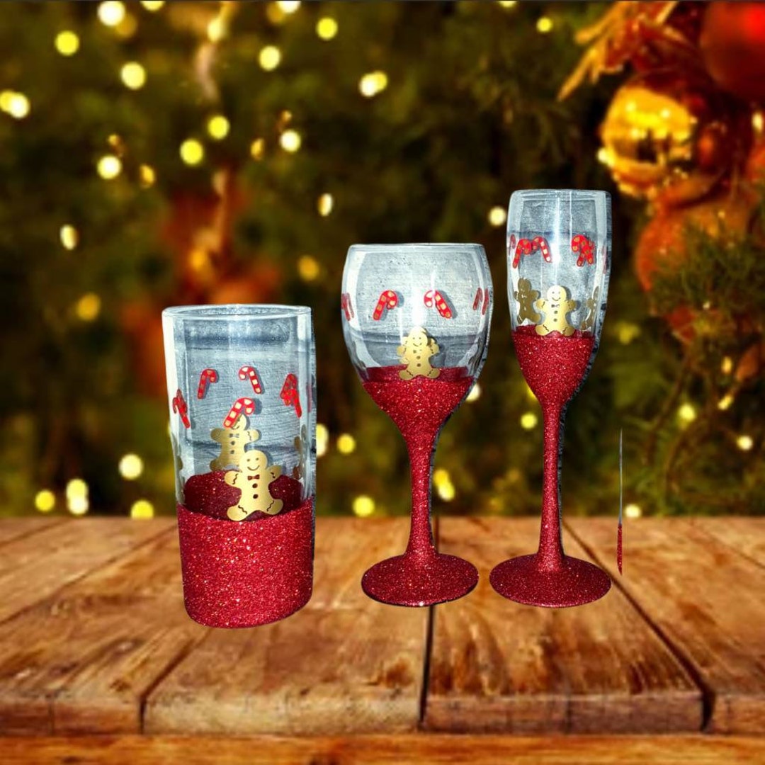Gingerbread Men Candy Canes Christmas Glitter Wine Glasses - Etsy