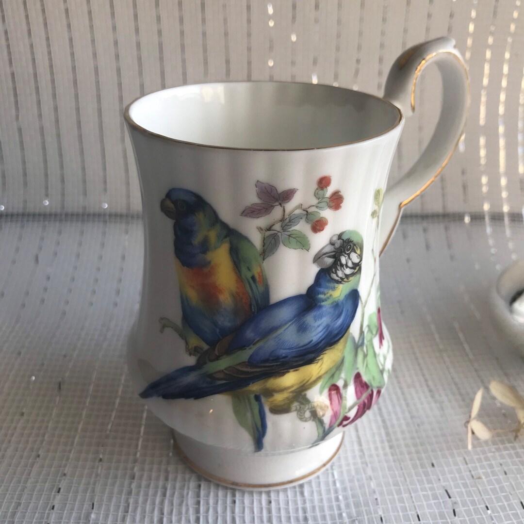 Vintage Bright and Colourful Parakeets on a White Gold Trimmed Royal ...