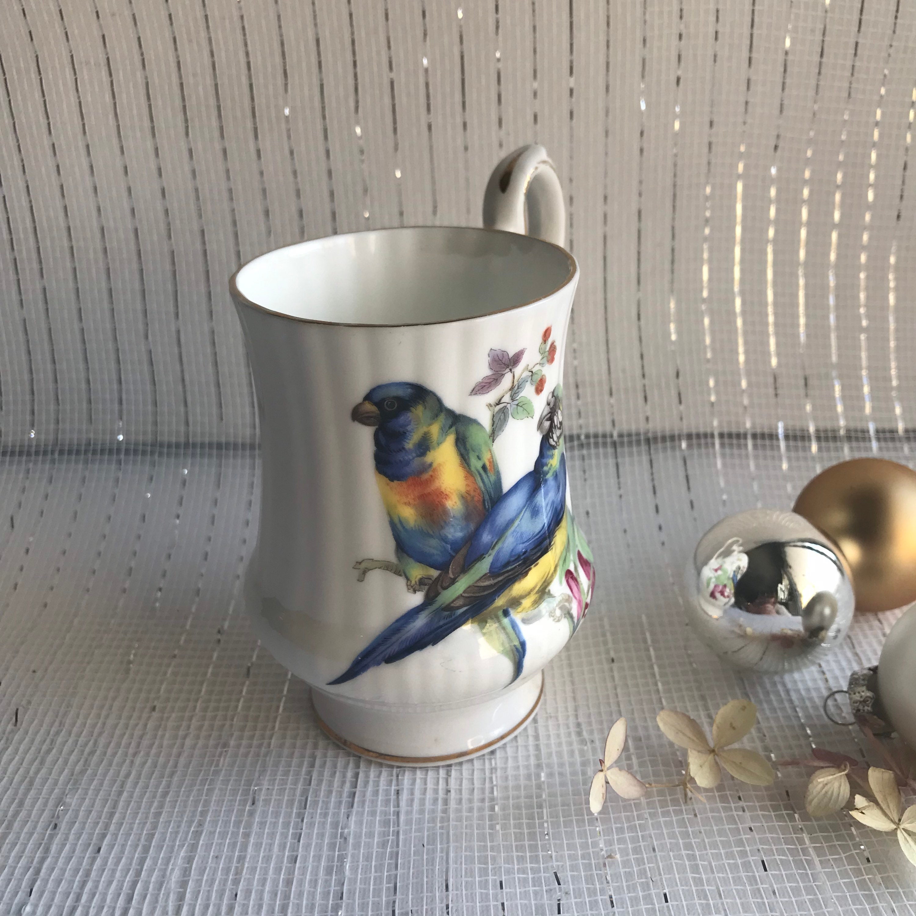 Vintage Bright and Colourful Parakeets on a White Gold Trimmed Royal ...