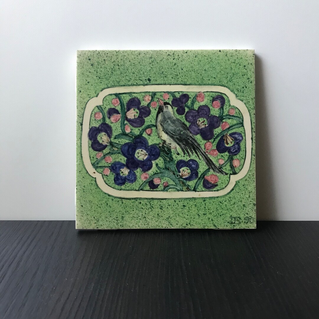 Vintage Decorative Made in England Square Green Ceramic Tile With Bird ...