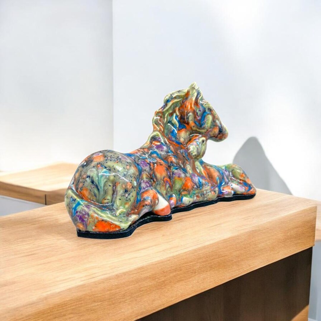 Handmade Ceramic Pony Mare & Foal Figurine Art Glazed Light Green, Blue ...