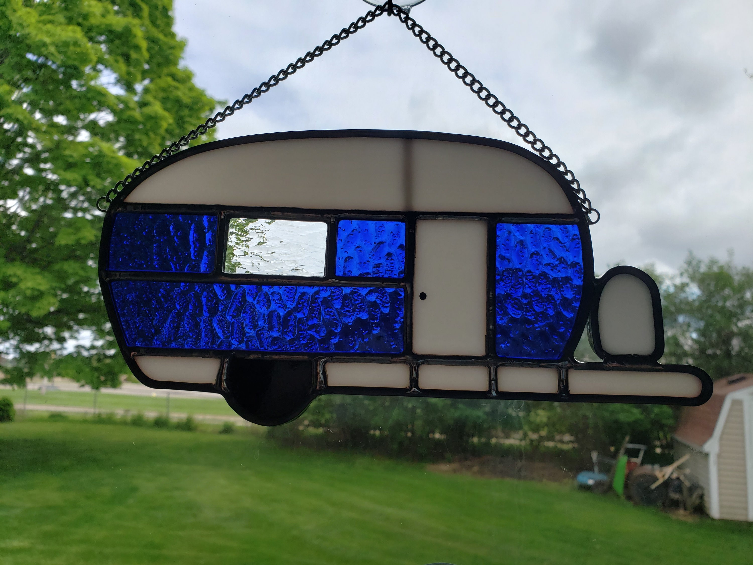 Cobalt Blue Stained Glass Camper Suncatcher - Travel Trailer Decoration ...