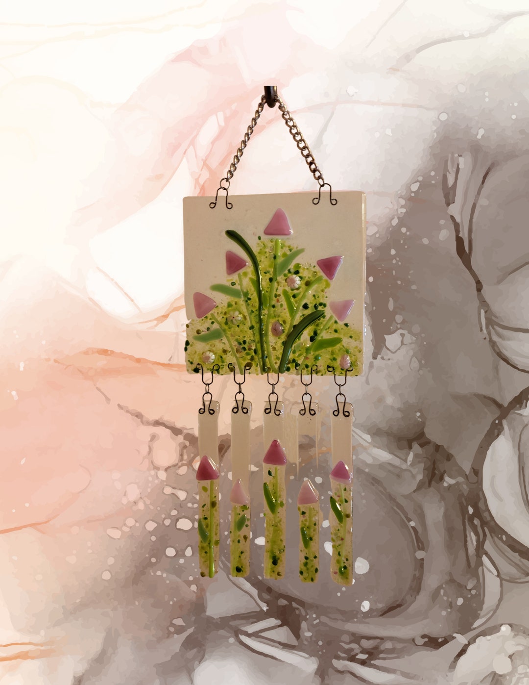 Fused Glass Pink Field of Flowers Wind-chime - Flower Panel Wind Chime ...