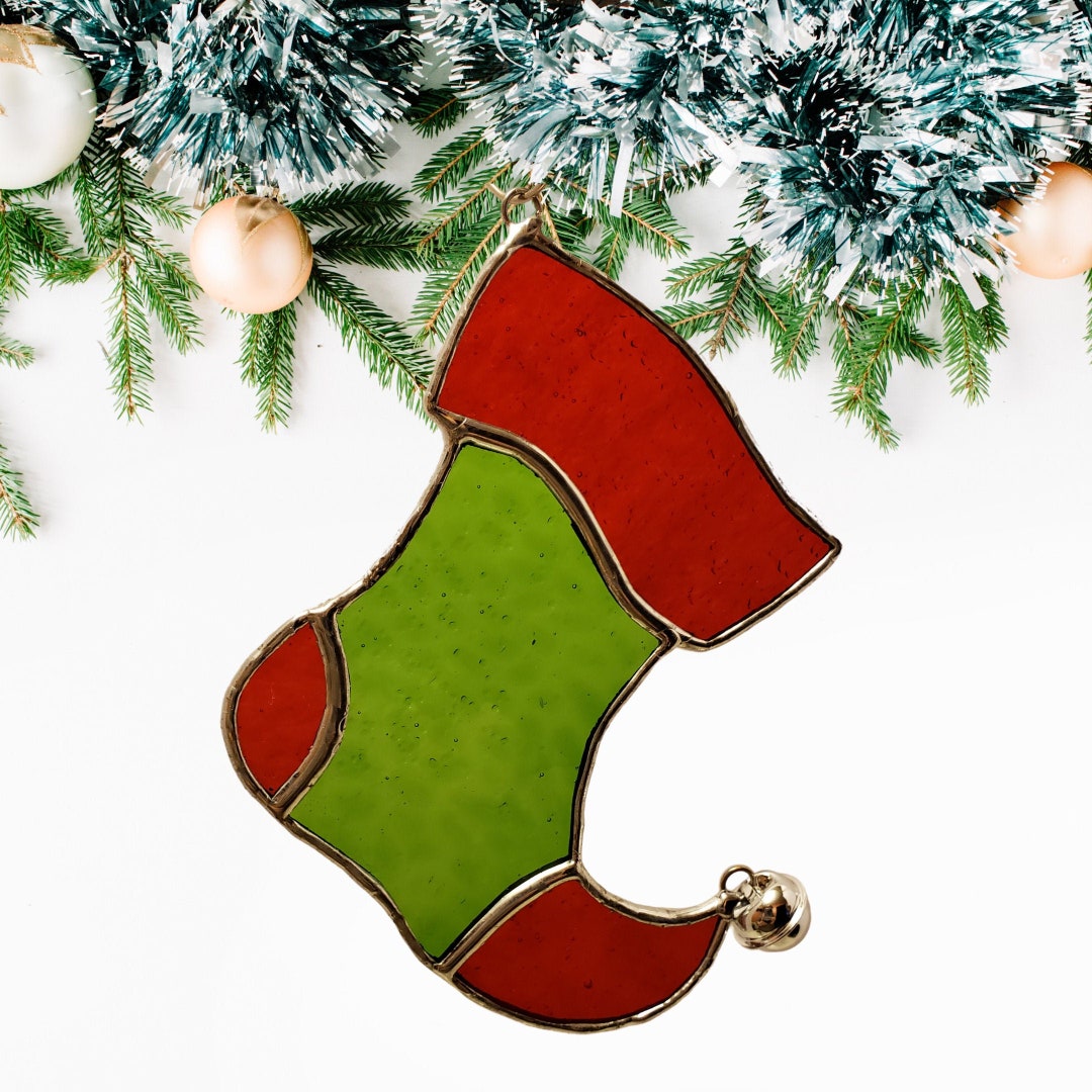 Elf Stocking Stained Glass Suncatcher - Elf Sock Tree Ornament ...