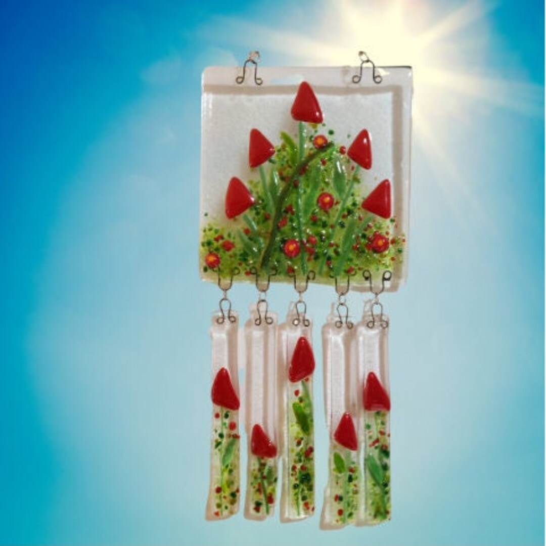 Fused Glass Red Field of Flowers Wind Chime - Flower Panel Wind-chime ...