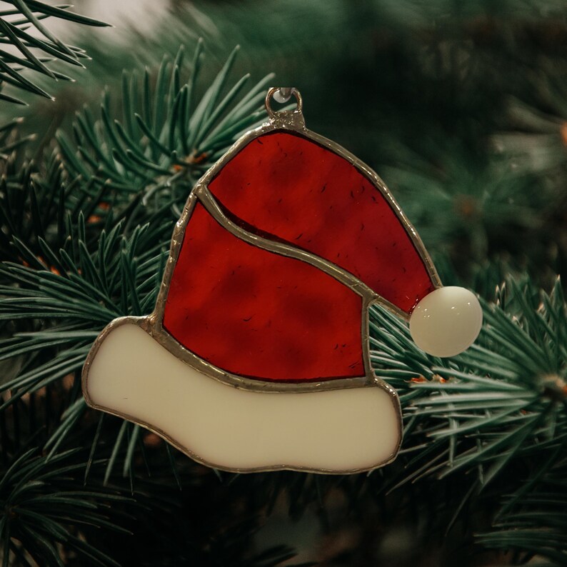 Santa Hat Stained Glass Sun Catcher - Santa Claus Hat Christmas Tree ...