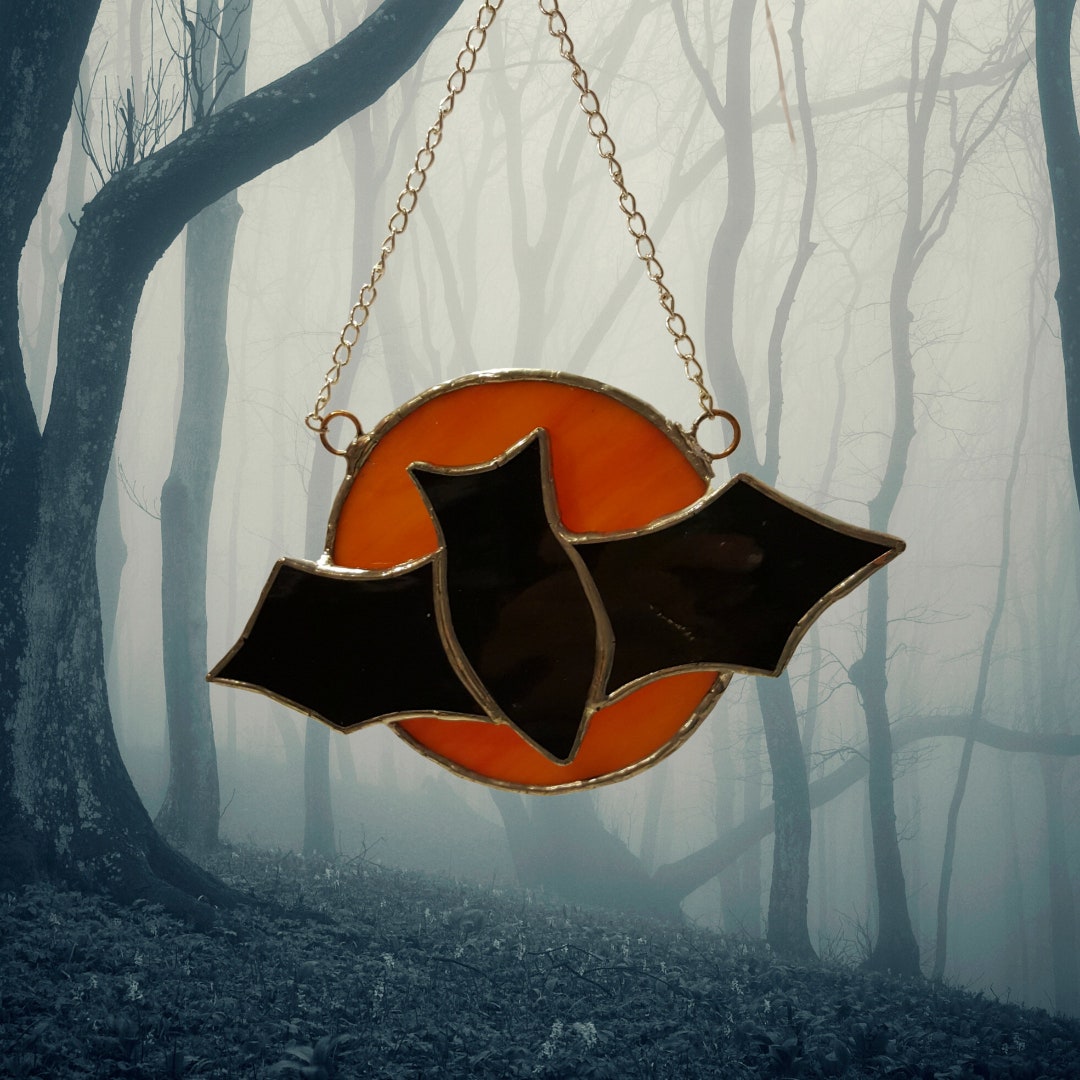 Bat and Moon Stained Glass Sun Catcher - Halloween Bat Window ...