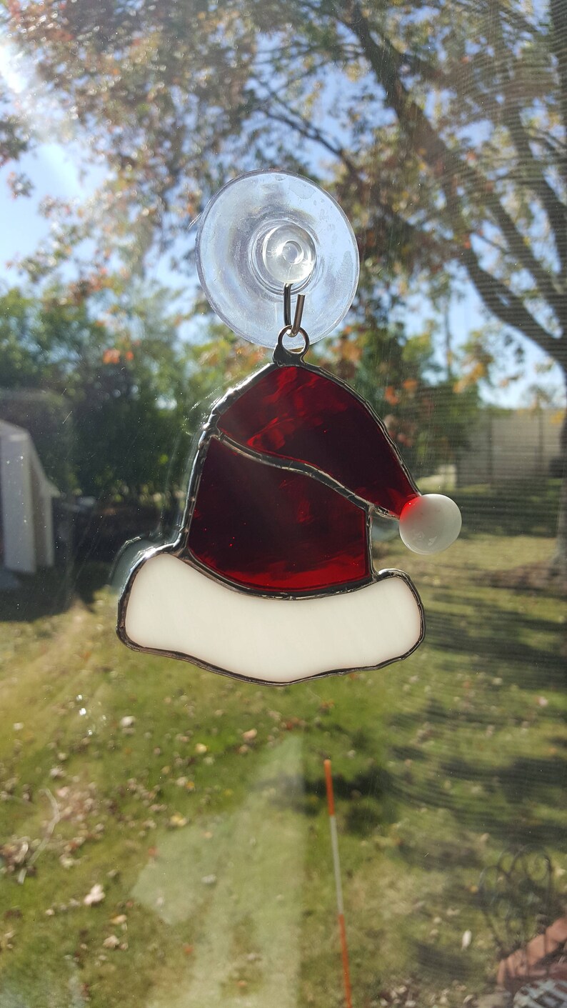 Santa Hat Stained Glass Sun Catcher - Santa Claus Hat Christmas Tree ...