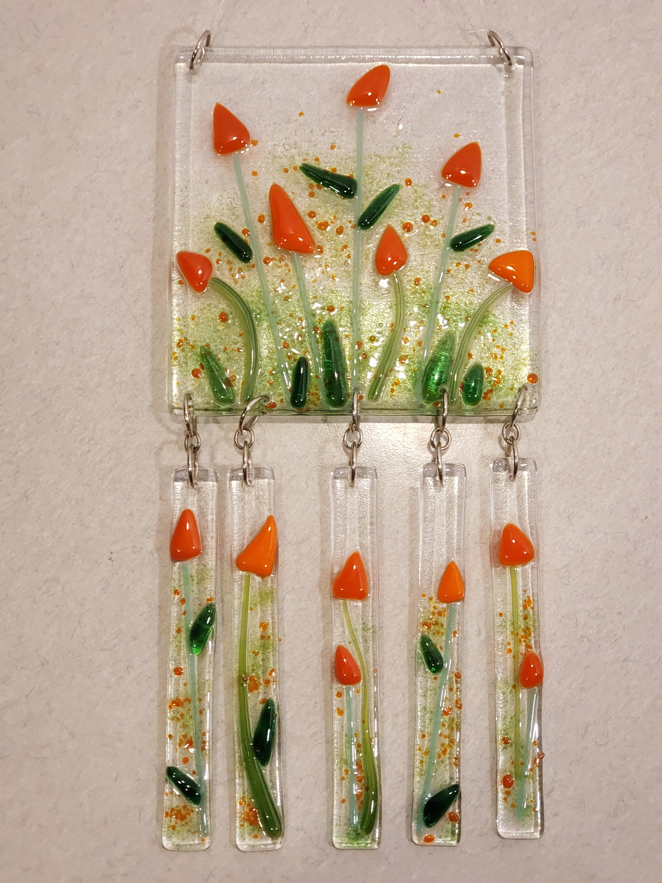 Fused Glass Orange Field of Flowers Wind-chime - Flower Panel Wind ...