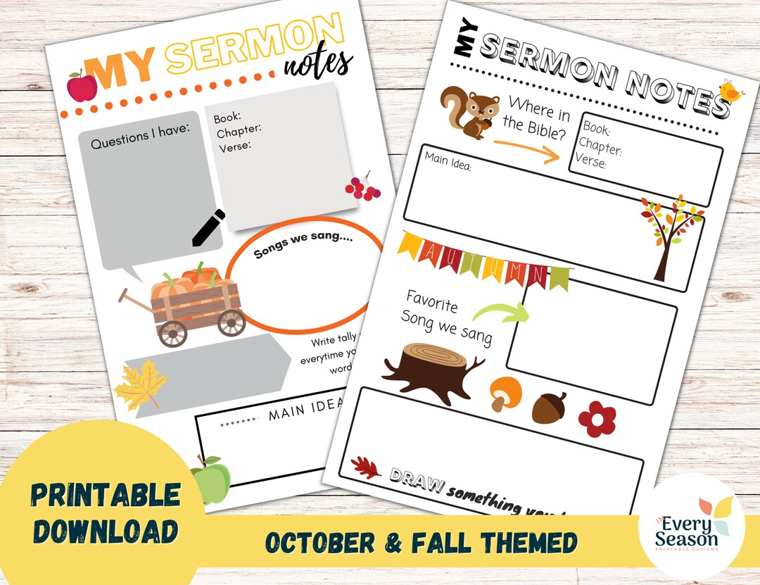 October Fall Sermon Pages for Kids Worship Notes for Kids Sermon Notes ...