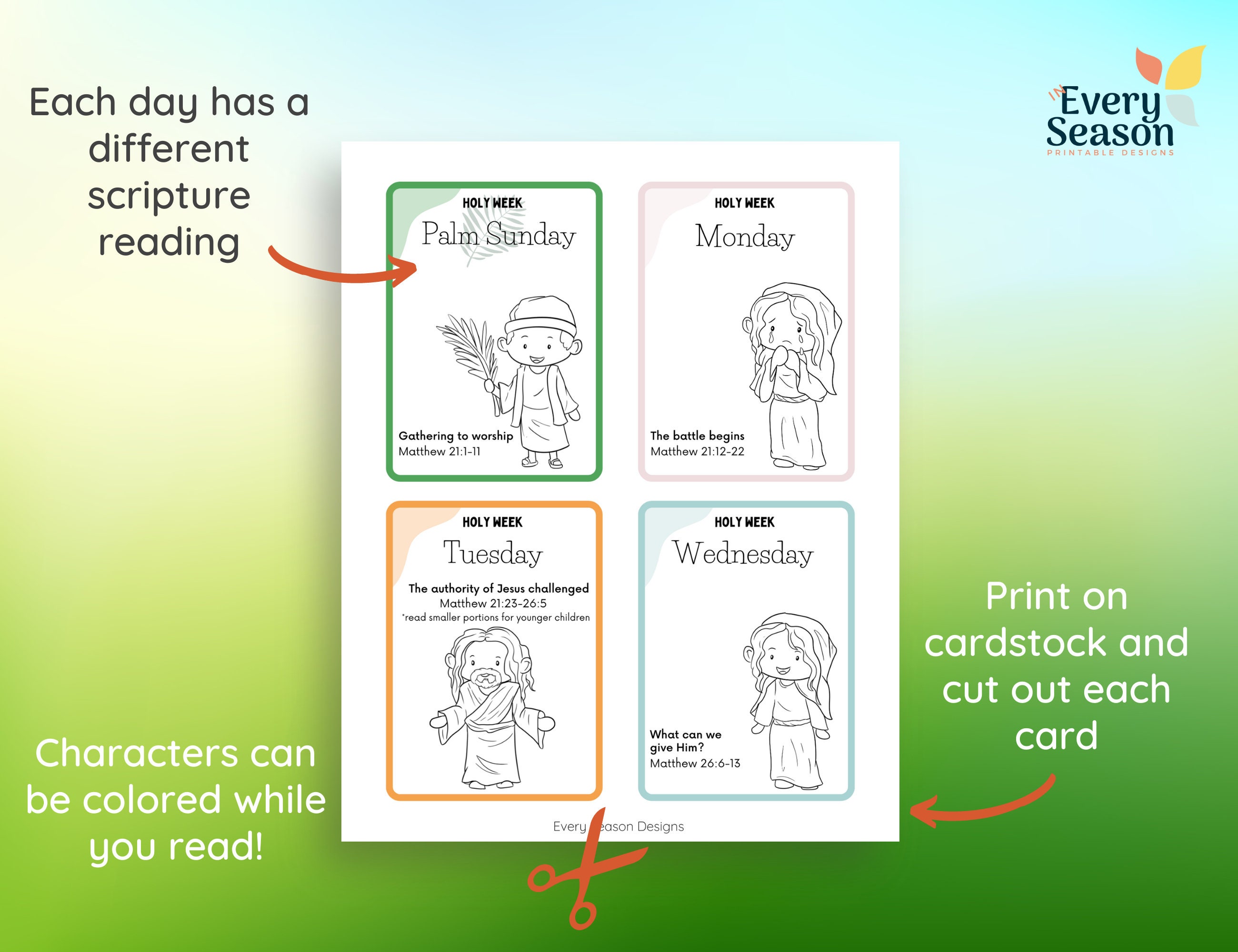 Holy Week Scripture Cards | Coloring Cards for Palm Sunday and Easter ...