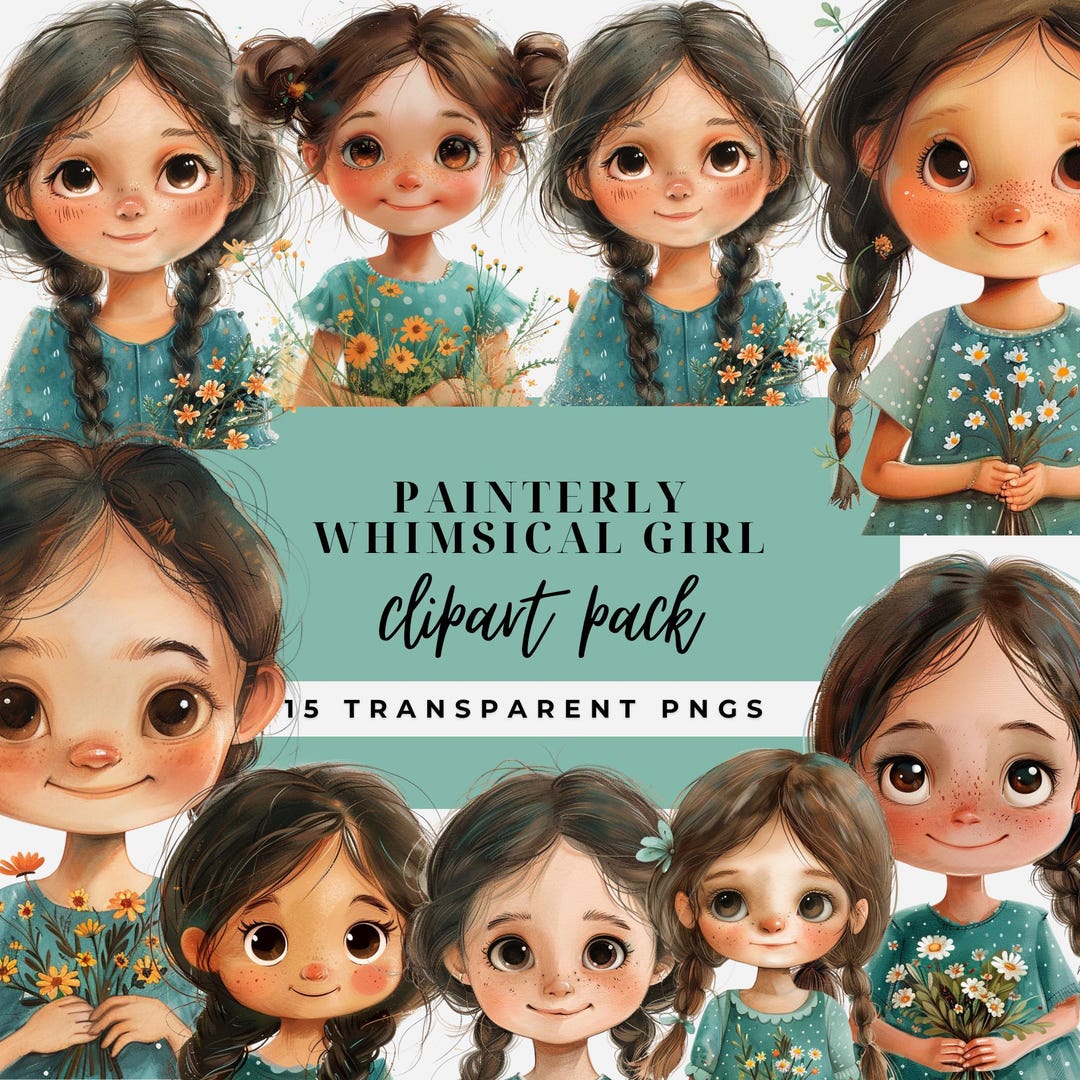 Whimsical Girl Clipart Bundle, Watercolor Little Girl PNG, Cute Girl ...