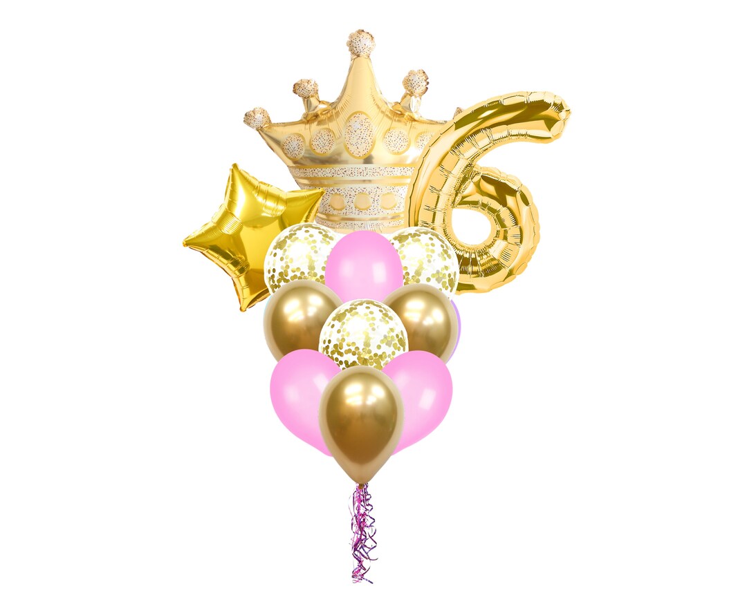 6th Birthday Princess Balloon Bouquet, Number SIX Large Balloon, Jumbo ...