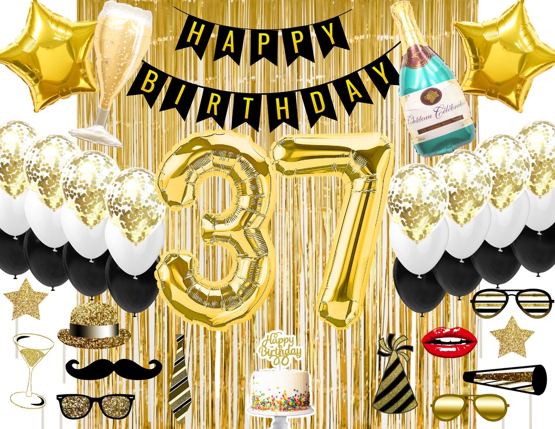 37th Birthday Gold Party Supplies 37th Happy Birthday Banner 37th Party