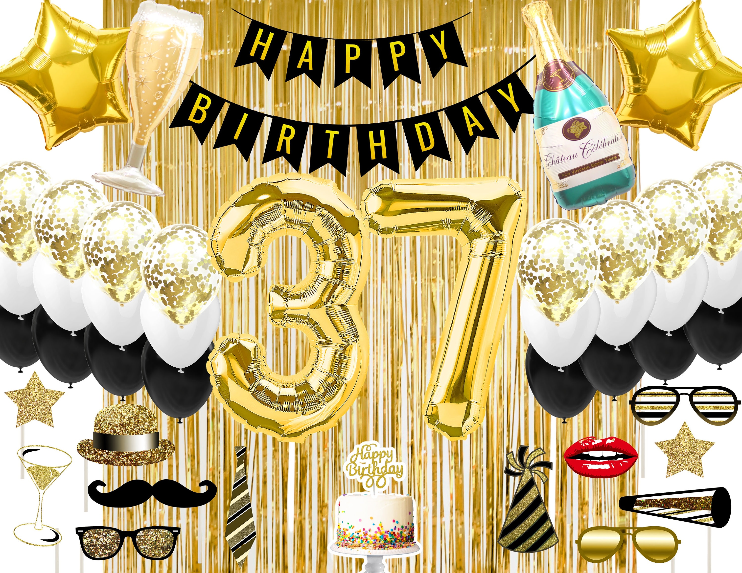 37th Birthday Gold Party Supplies 37th Happy Birthday Banner 37th Party ...
