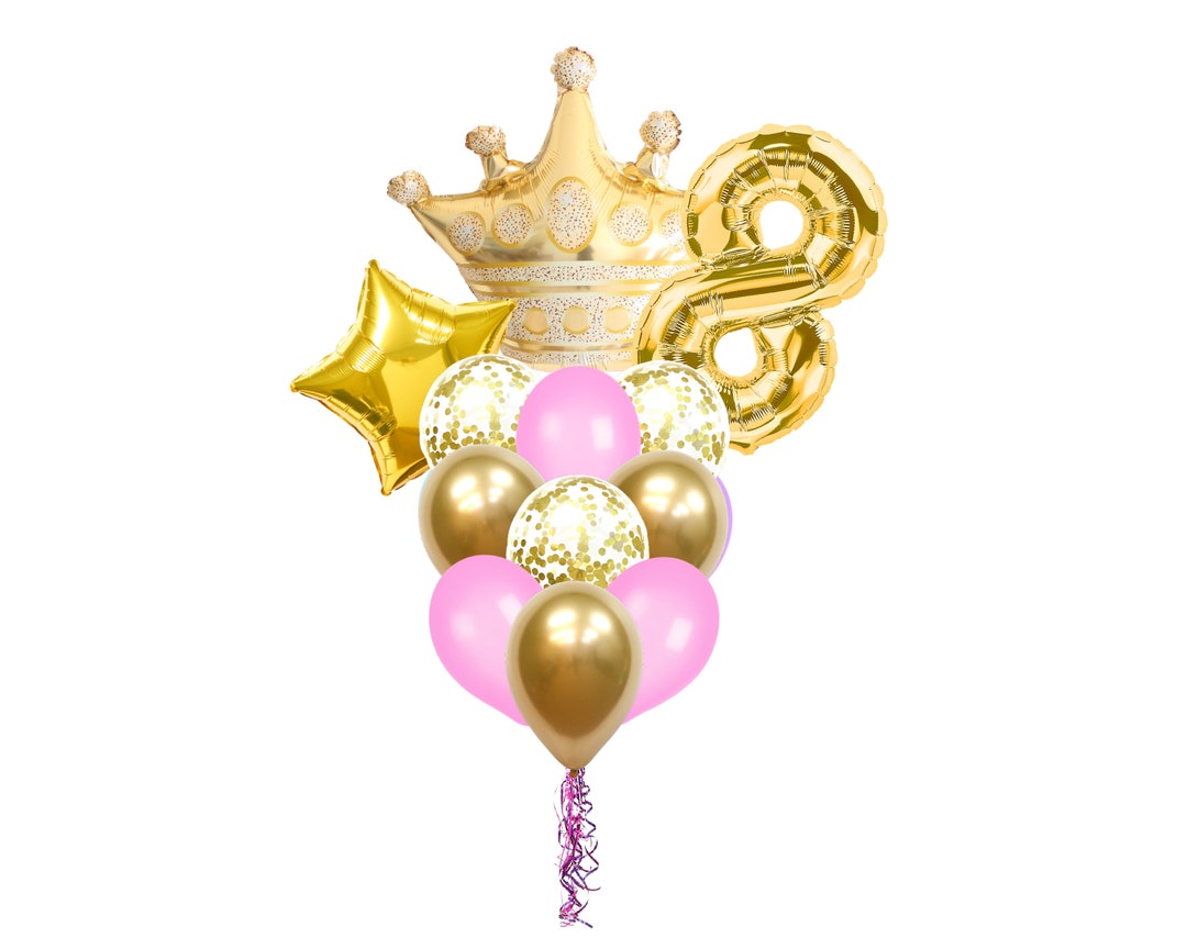 8th Birthday Princess Balloon Bouquet, Number EIGHT Large Balloon ...