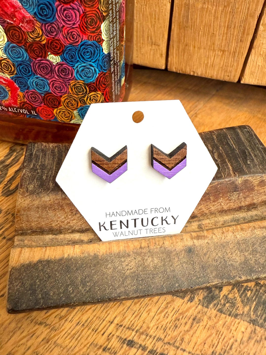 Handmade Kentucky Walnut Wood Chevron Stud Earrings: Purple Bohemian ...