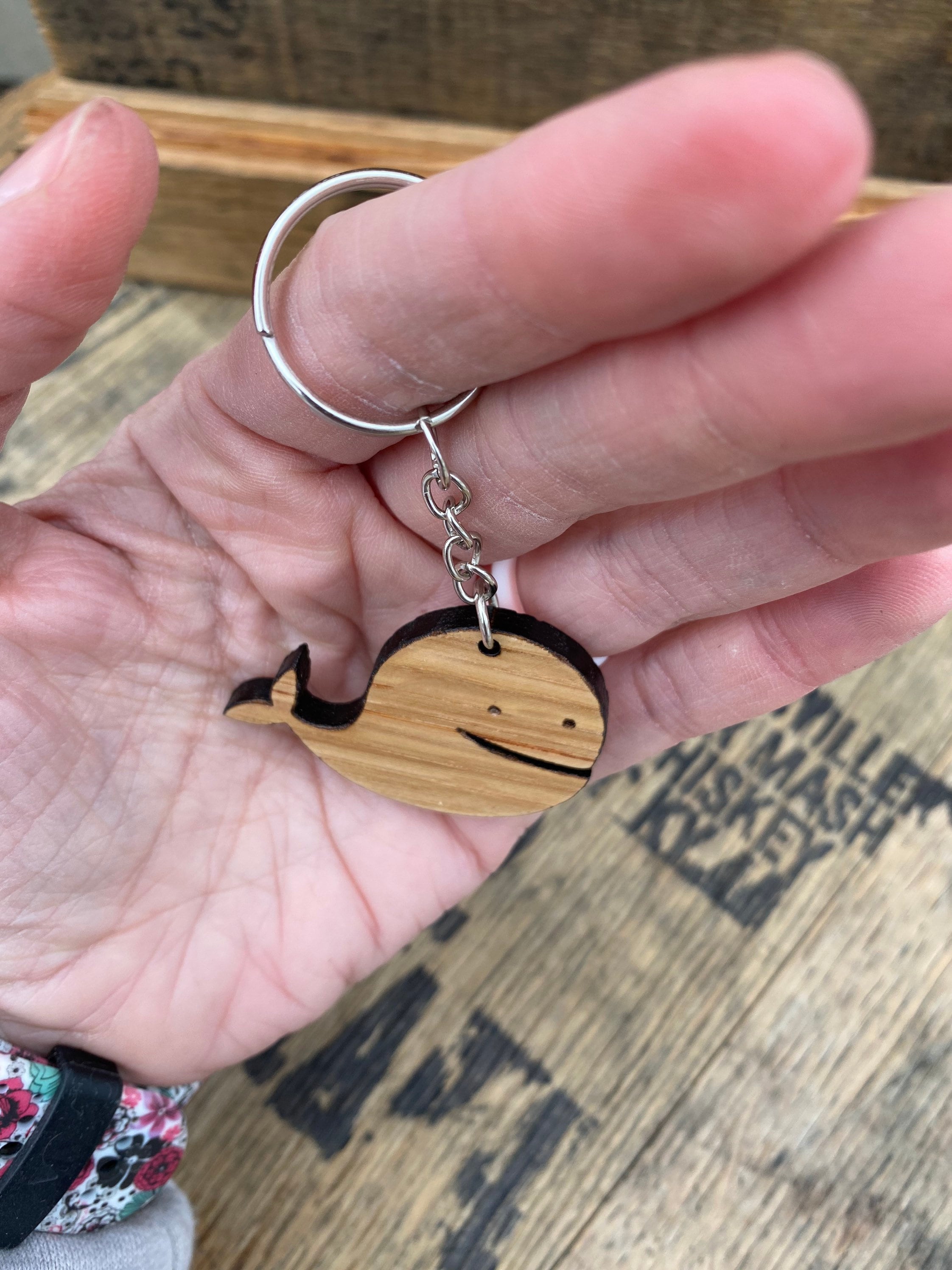 Wood Happy Whale Bourbon Barrel Keychain | Etsy