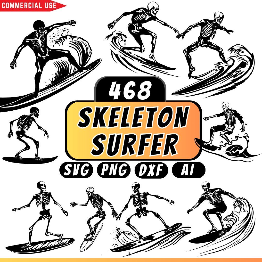 Skeleton Surfer SVG Bundle | 468 Surfing Skeletons | Horror Surf ...
