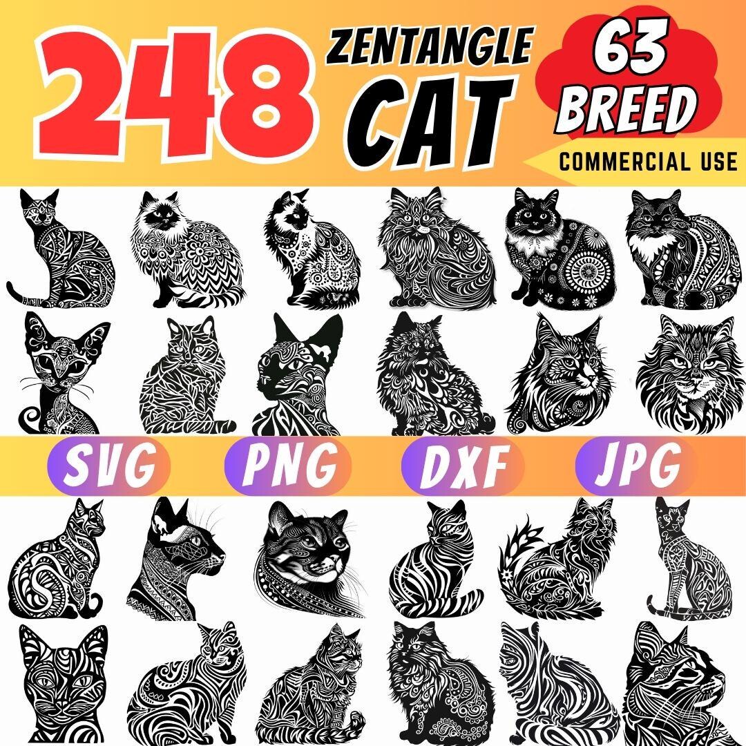 Zentangle Cat SVG Bundle of 63 Breeds, Mandala Cat Clipart for Cricut ...